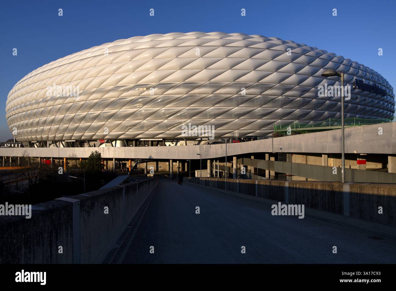Exterior shot Allianz Arena, FC Bayern Munich, blue sky, UEFA Champions ...