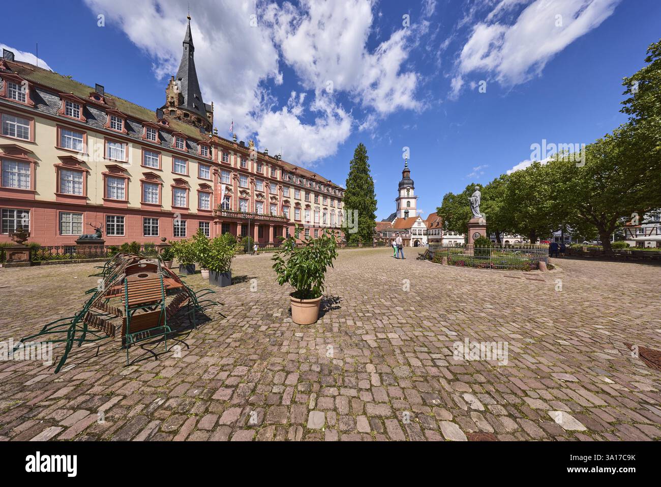 Erbach Castle, outdoor area with tables and chairs, flower pots, trees ...