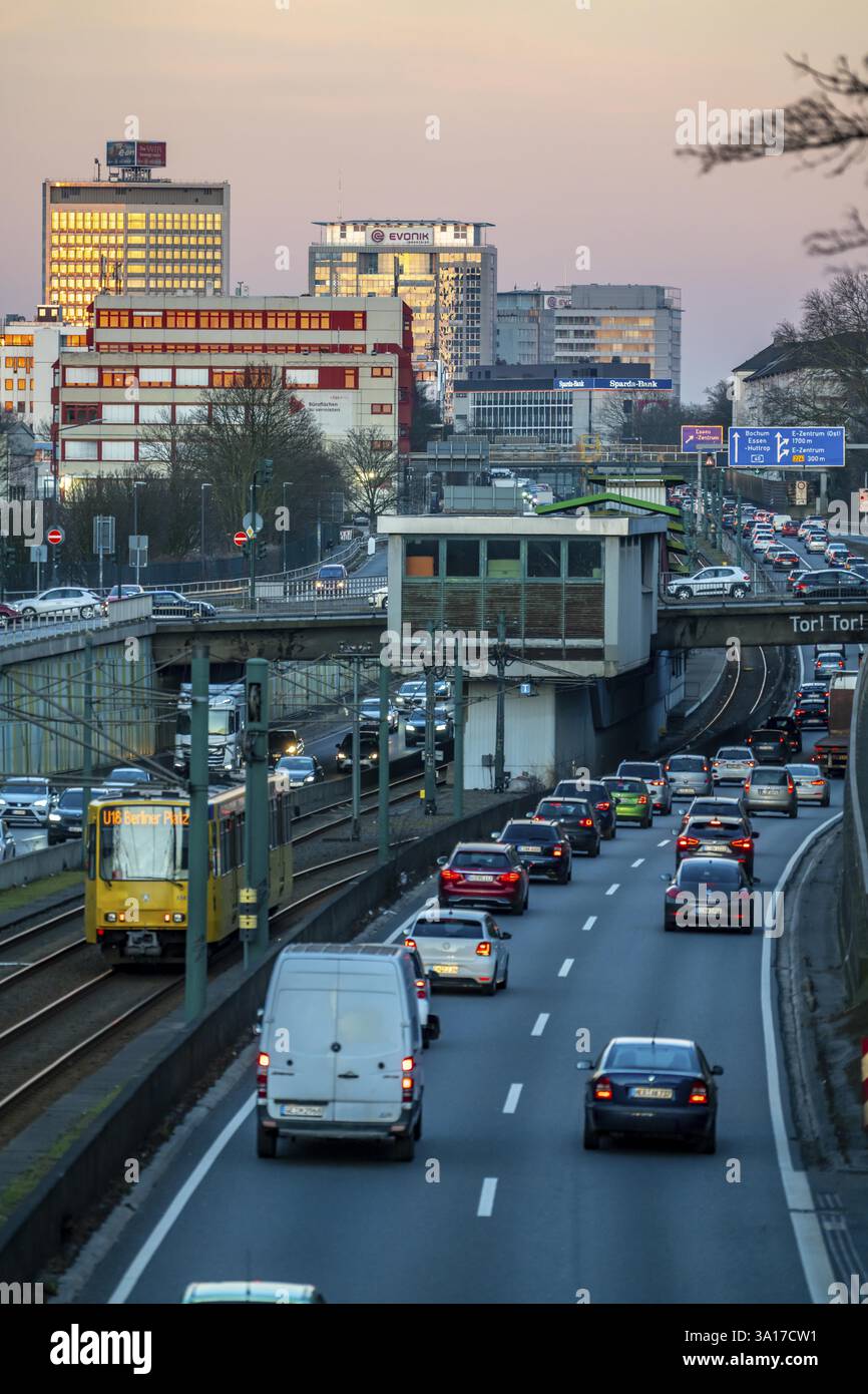 Motorway A40, Ruhr expressway, heavy traffic jam, rush hour, city ...
