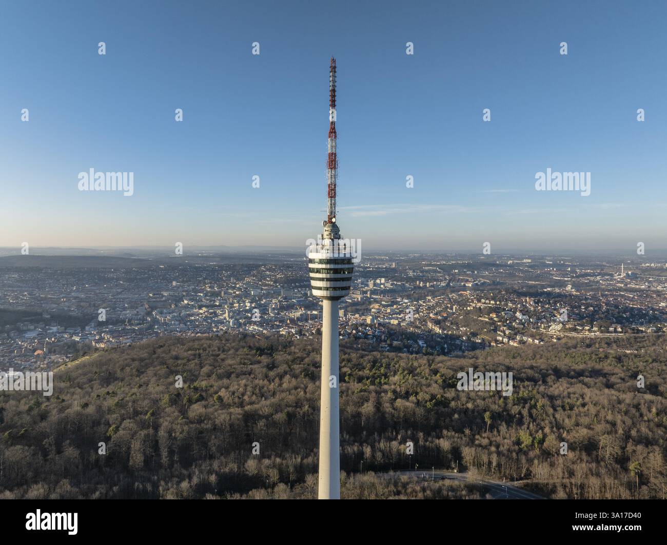 Aerial view of the 216.6 metre high Stuttgart television tower ...