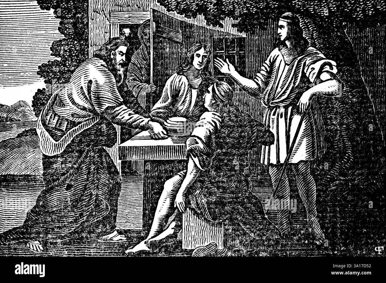 Abraham invites three strangers to rest and eat in front of his house ...