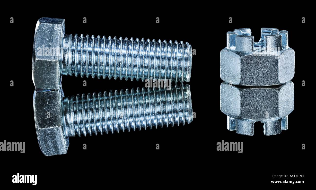 Construction crown nuts bolts on black background horizontal view Stock ...