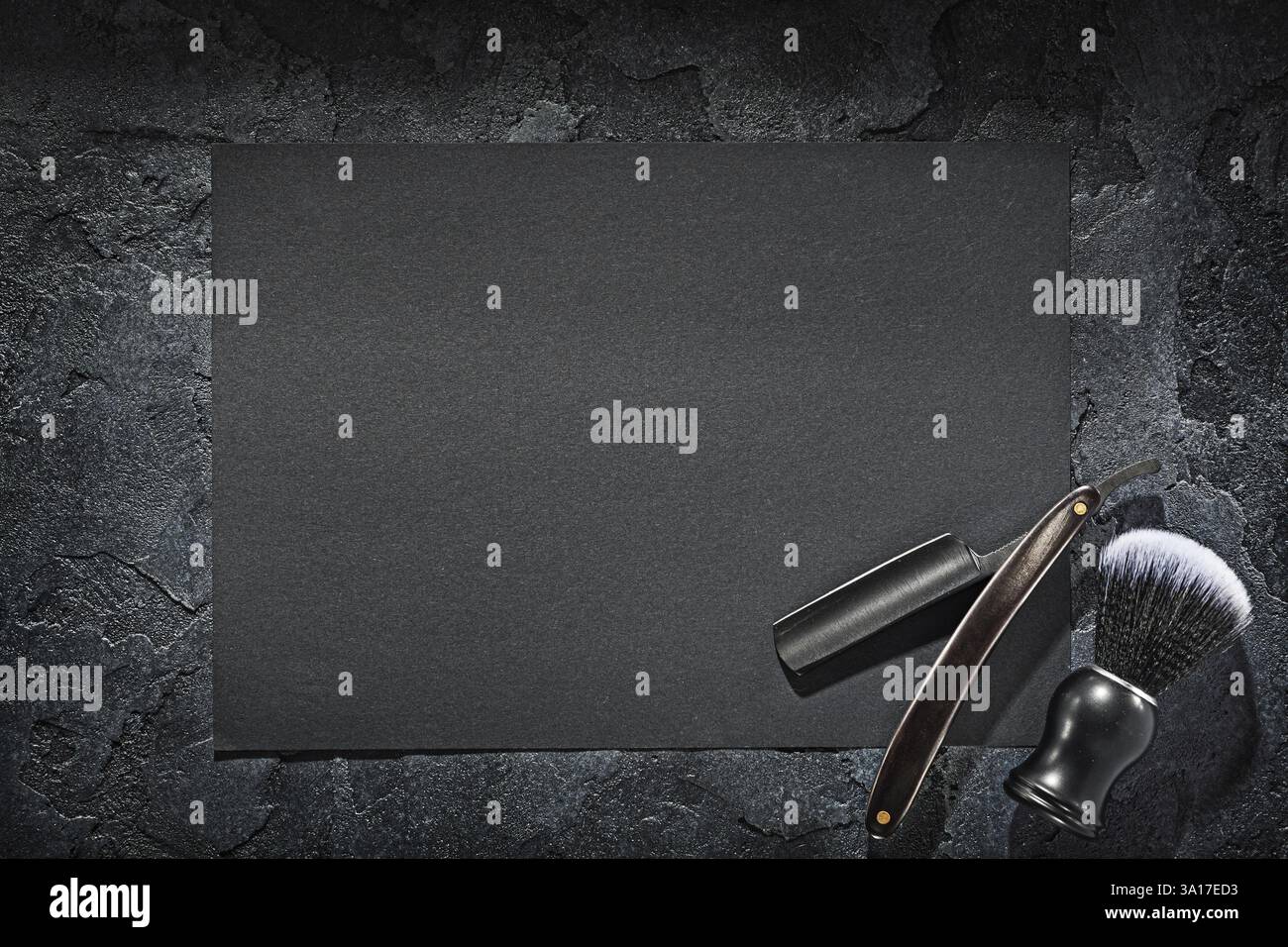 Mock Up Black Barber Tools On Stone Slate Background And Black Paper ...