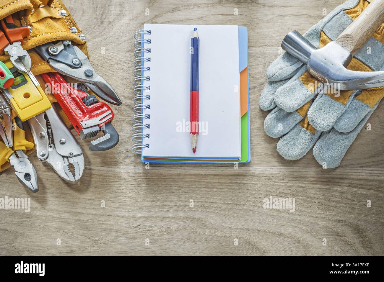 Construction tooling tool belt protective gloves claw hammer notepad ...