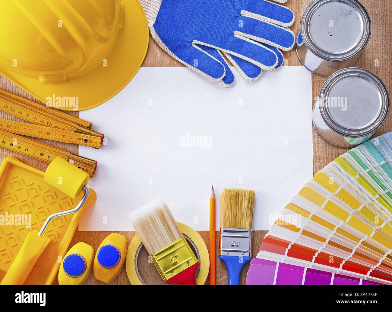 Croup of repair and paint objects on clean sheet of paper construction ...