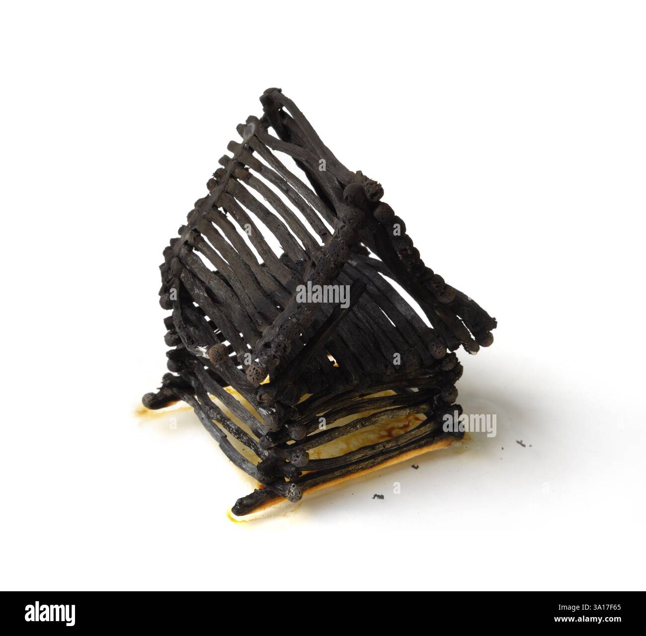 Ruined house from matches after fire Isolated on white background ...