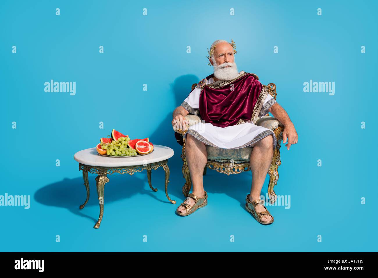 Full size photo of minded ancient philosopher sit throne look empty ...