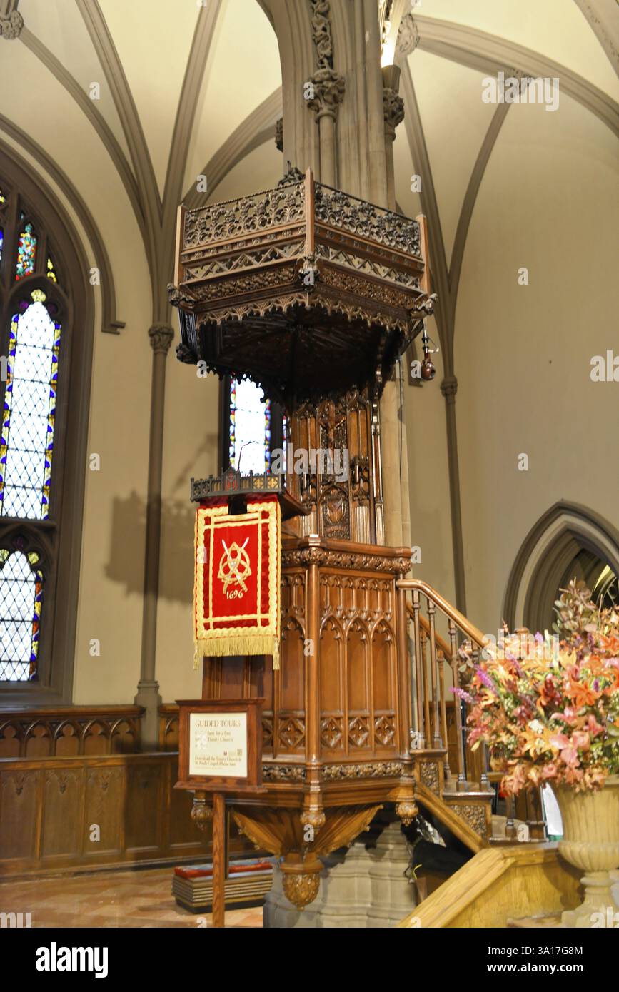 Interior view of the majestic Trinity Church, wooden pulpit with ornate ...