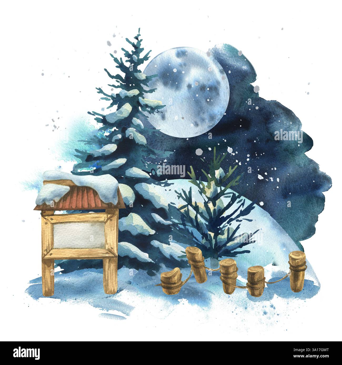 Winter landscape in the night forest with information board, spruce ...