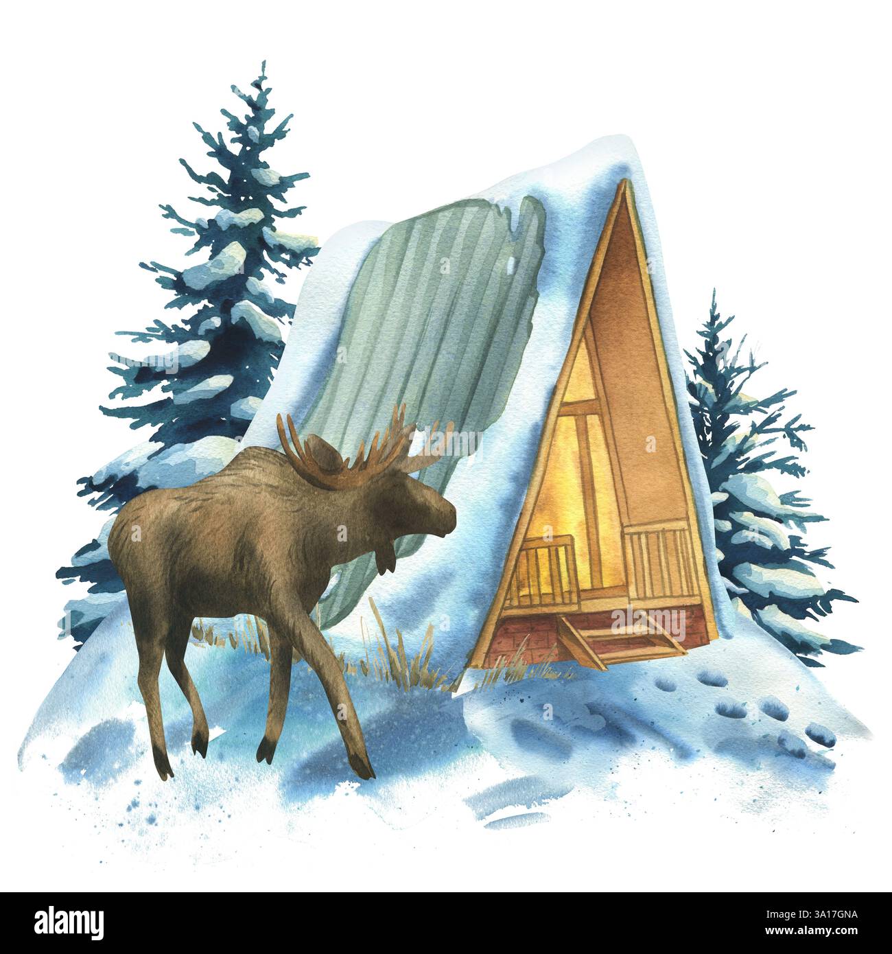 Winter landscape in the forest with a wooden triangular house, trees ...