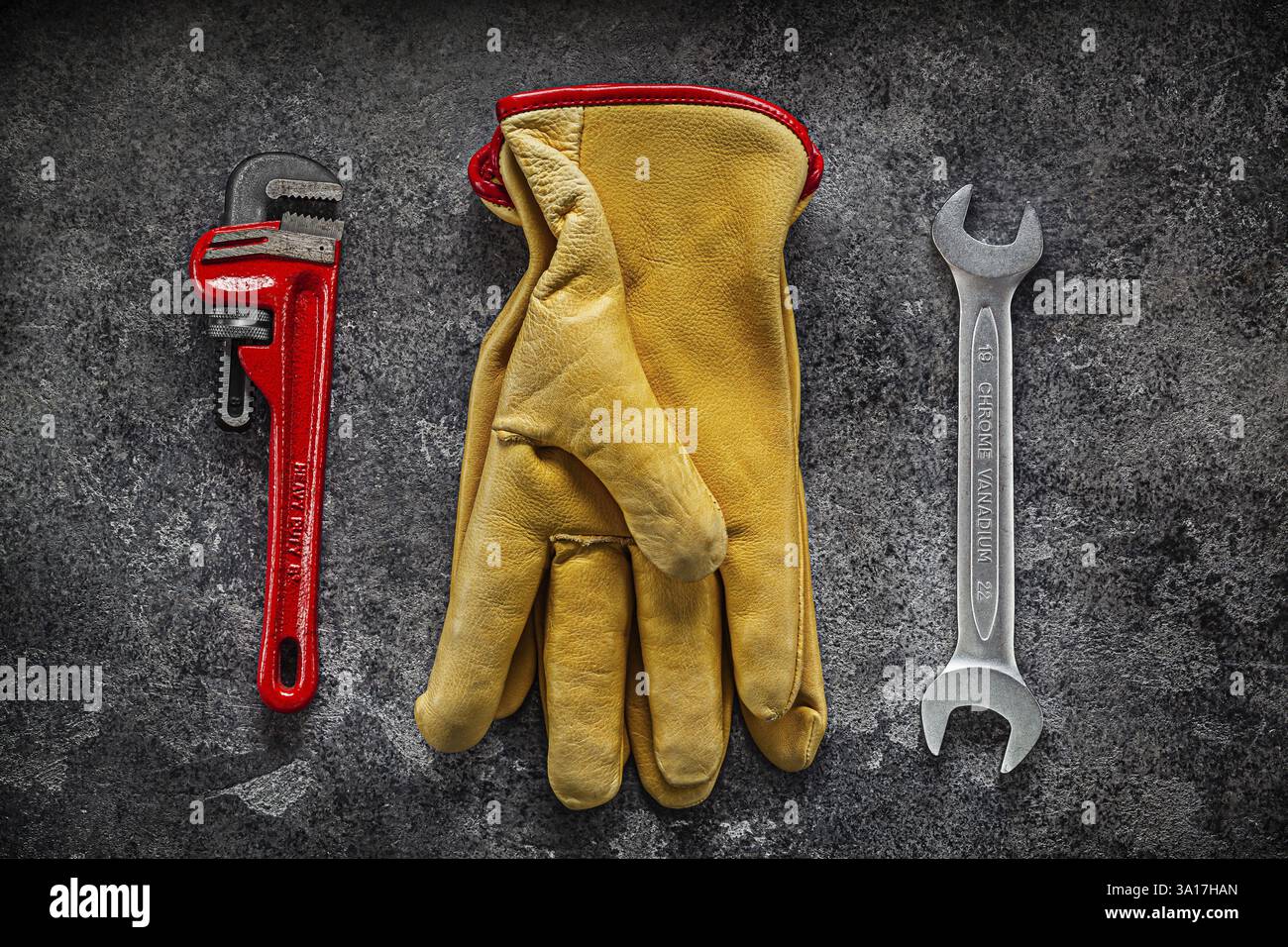 Open End Wrench And Adjustable Spanner Near Working Gloves Stock Photo ...