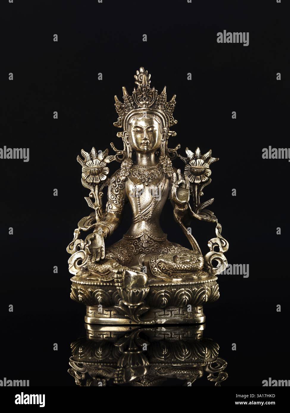 Green Tara statue Buddhist goddess of compassion. Isolated on black ...
