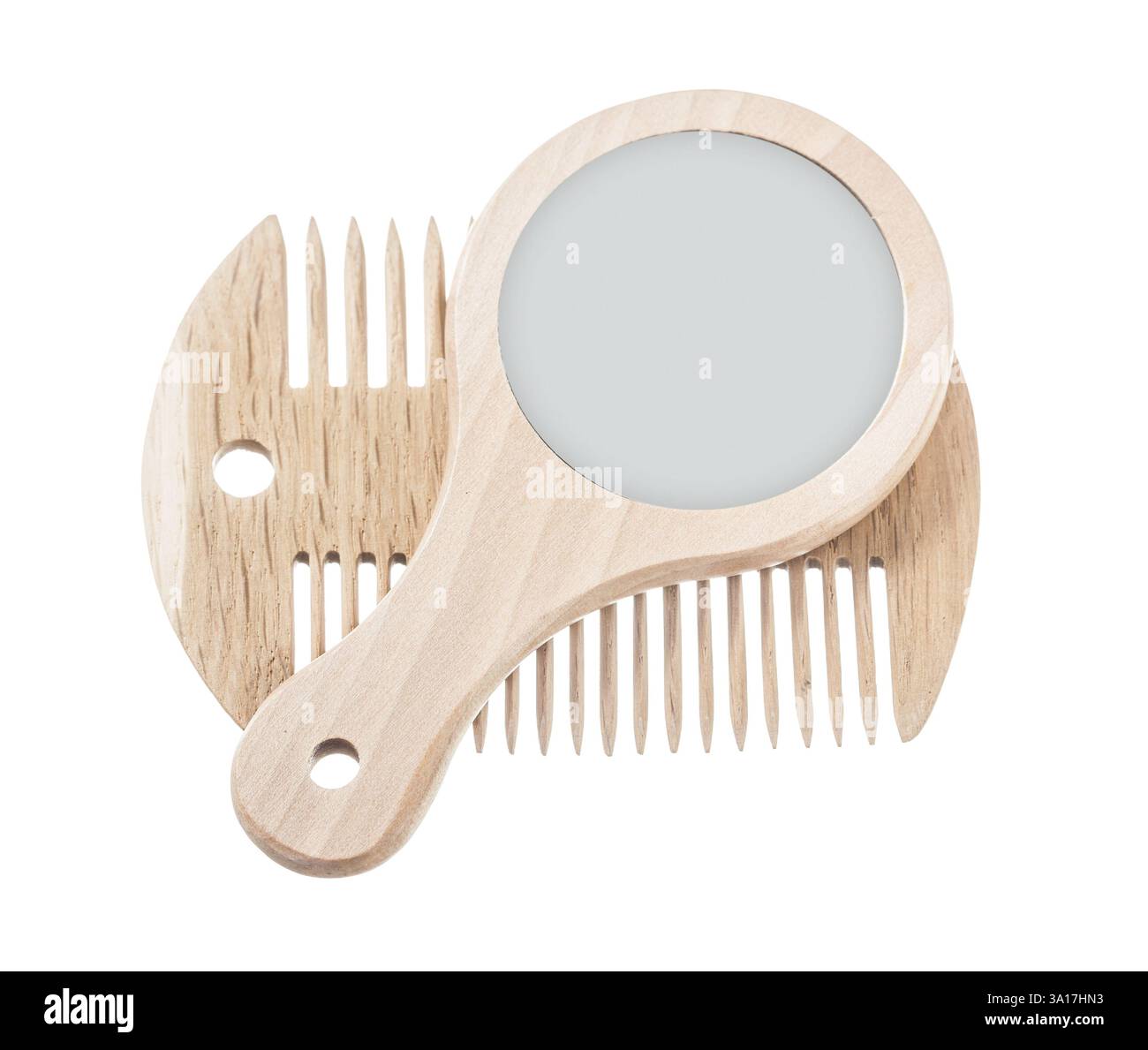Composition of wooden comb mirror isolated on white Stock Photo - Alamy