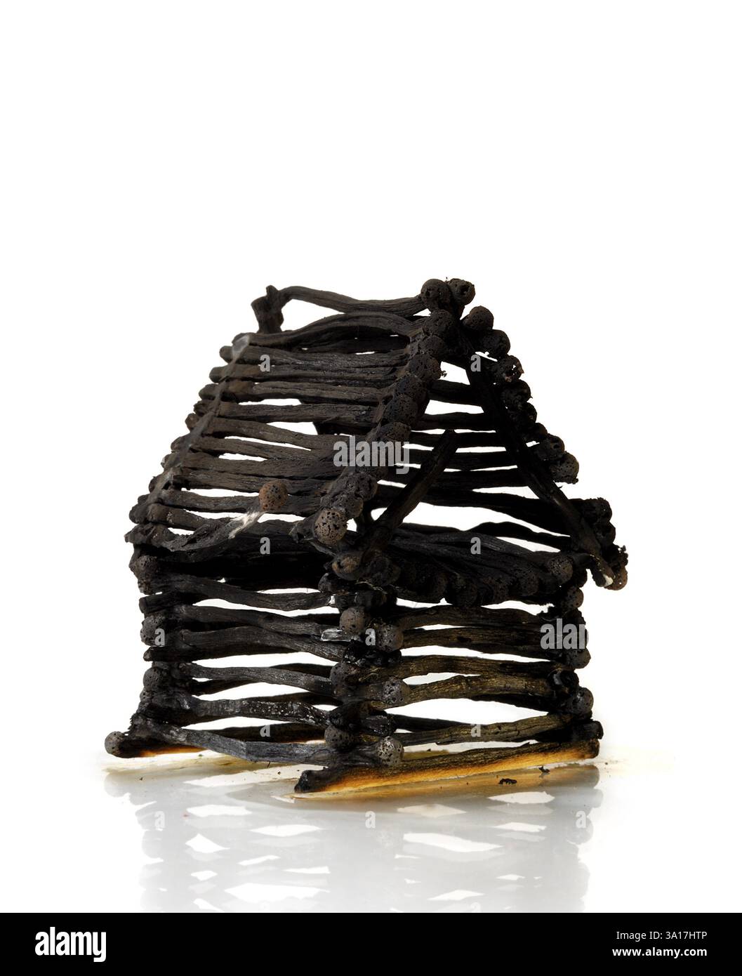 Ruined house from matches after fire Isolated on white background ...