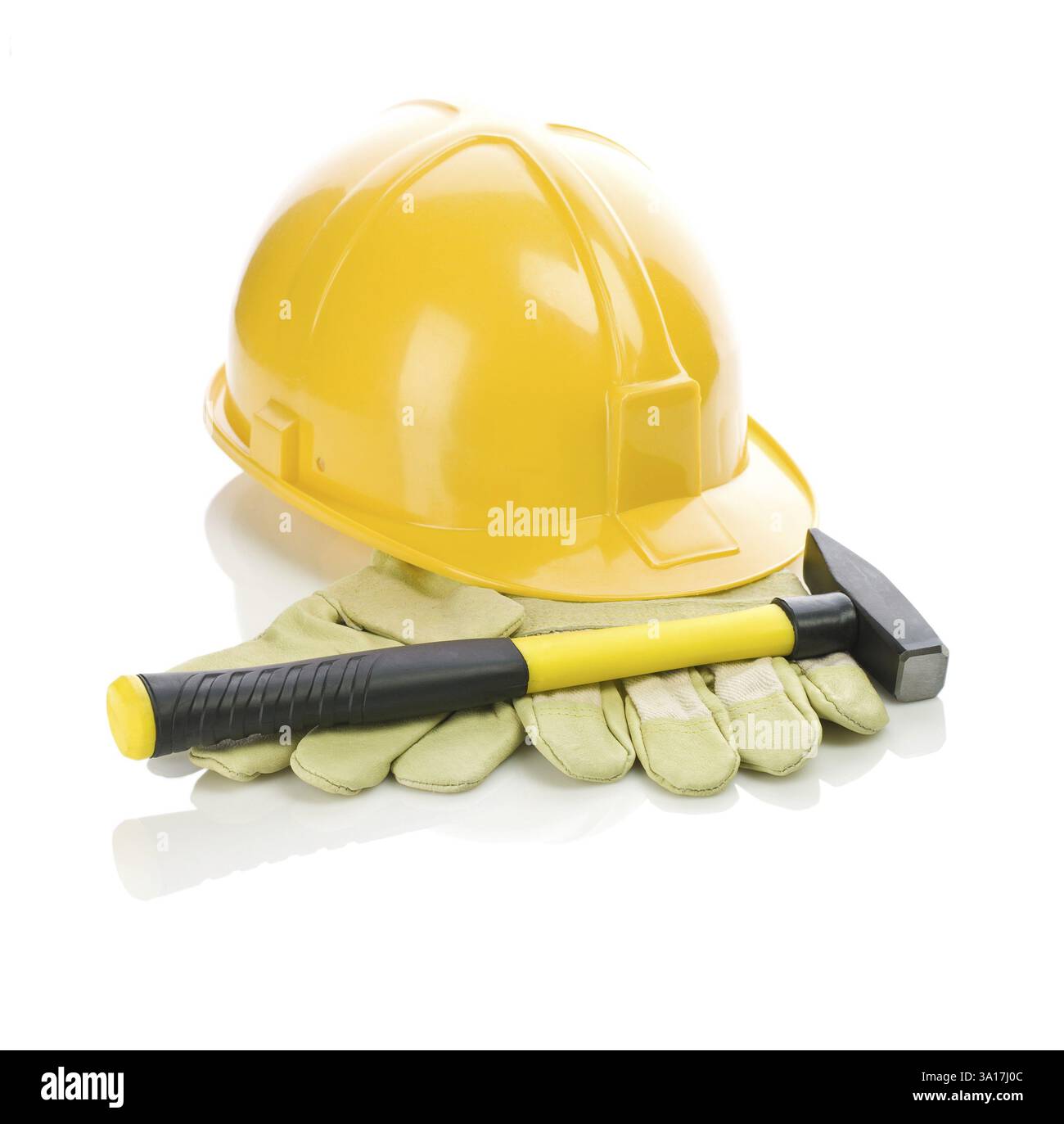Helmet and hammer on gloves Stock Photo - Alamy