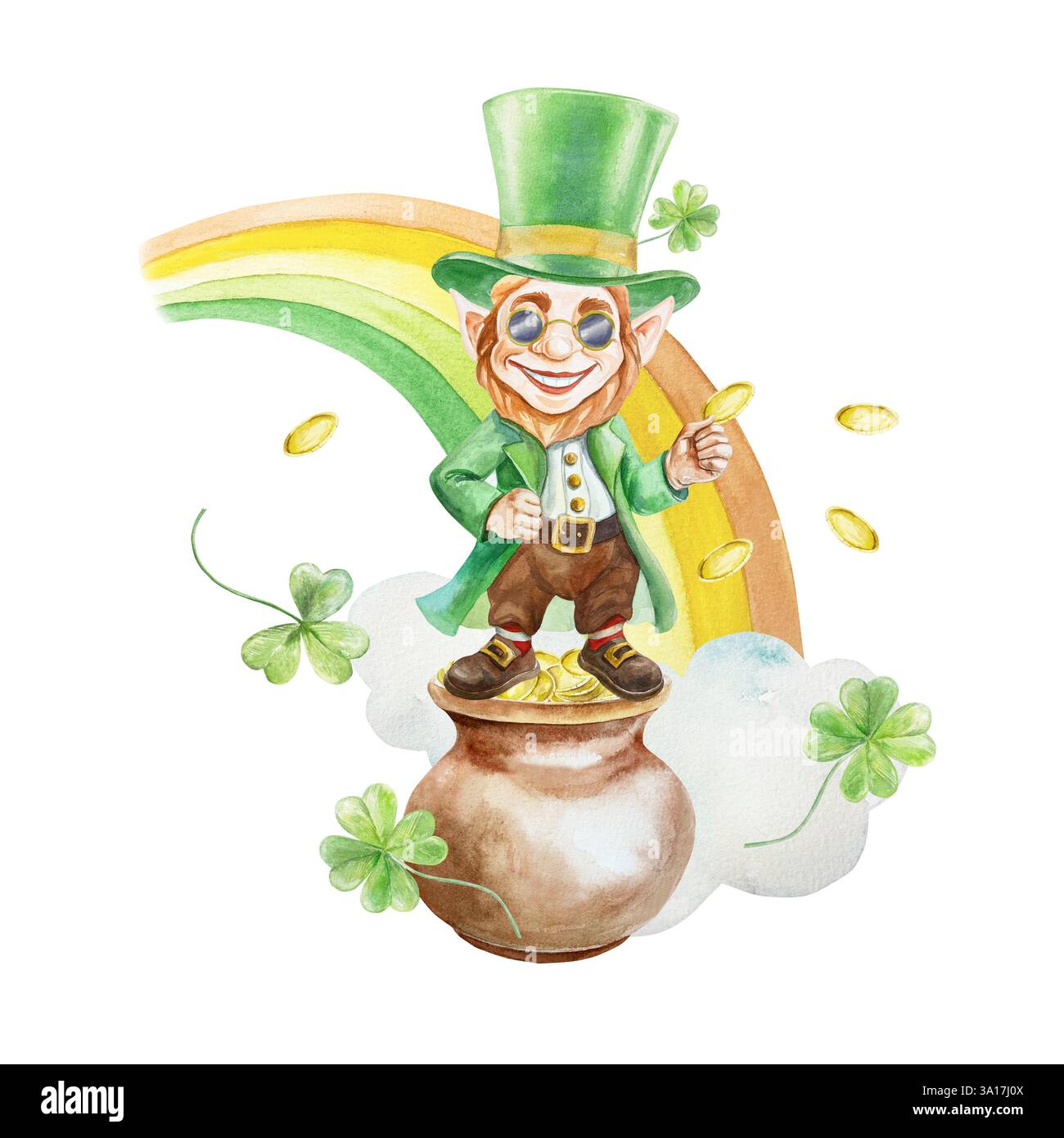 Leprechaun standing on a pot with gold coins, rainbow, clover leaves ...