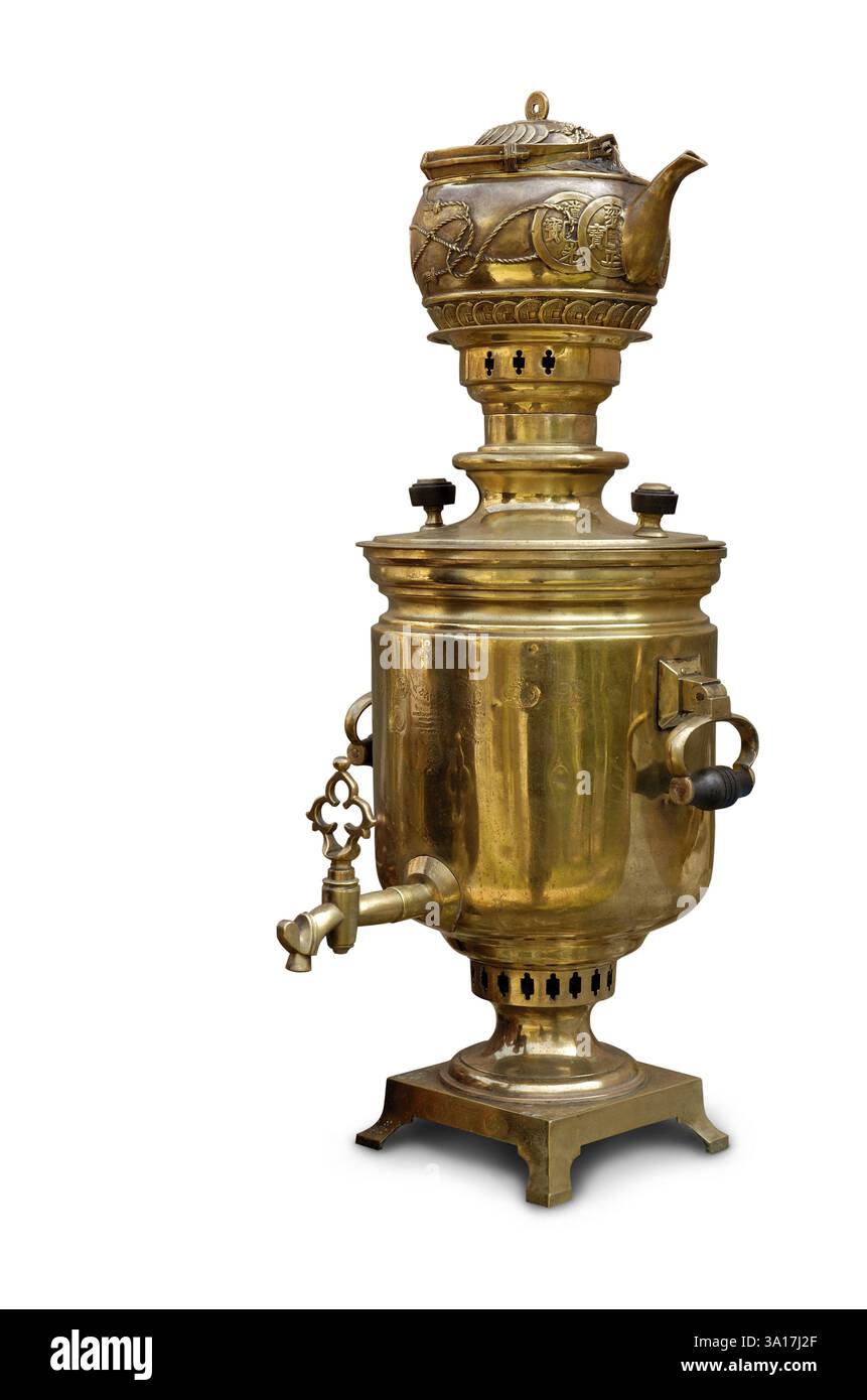 Antique brass shining Russian samovar isolated silhouette on white ...