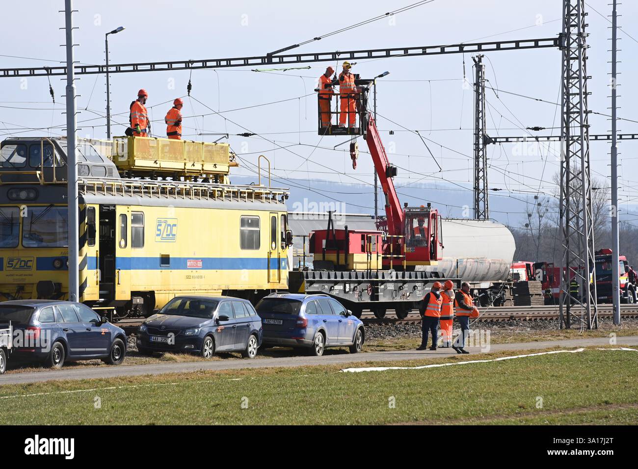 Technicians from the Railway Administration repairing catenary damaged ...