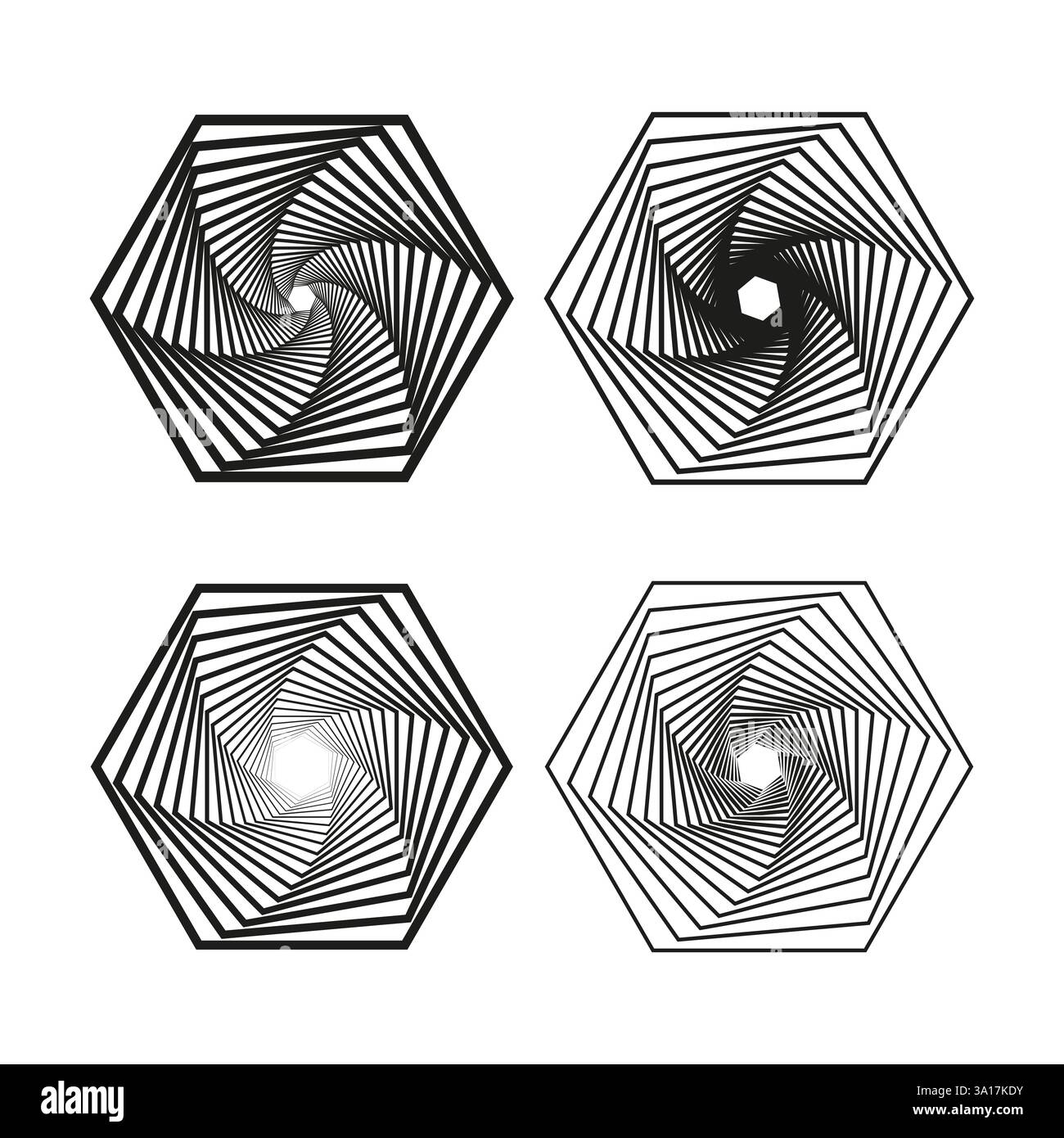 Hexagonal spiral shapes. Geometric vortex symbols. Abstract rotating patterns. Black and white ...