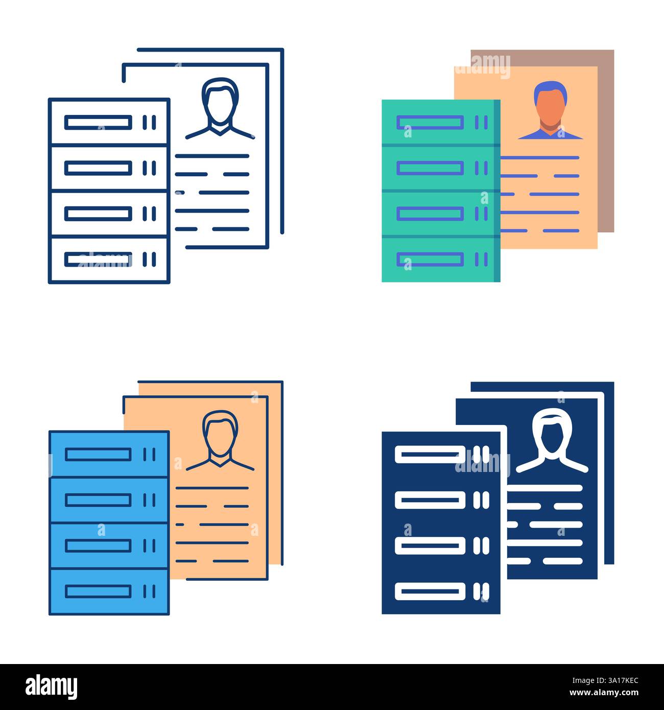 User database icon set in flat and line style. Data server with records ...