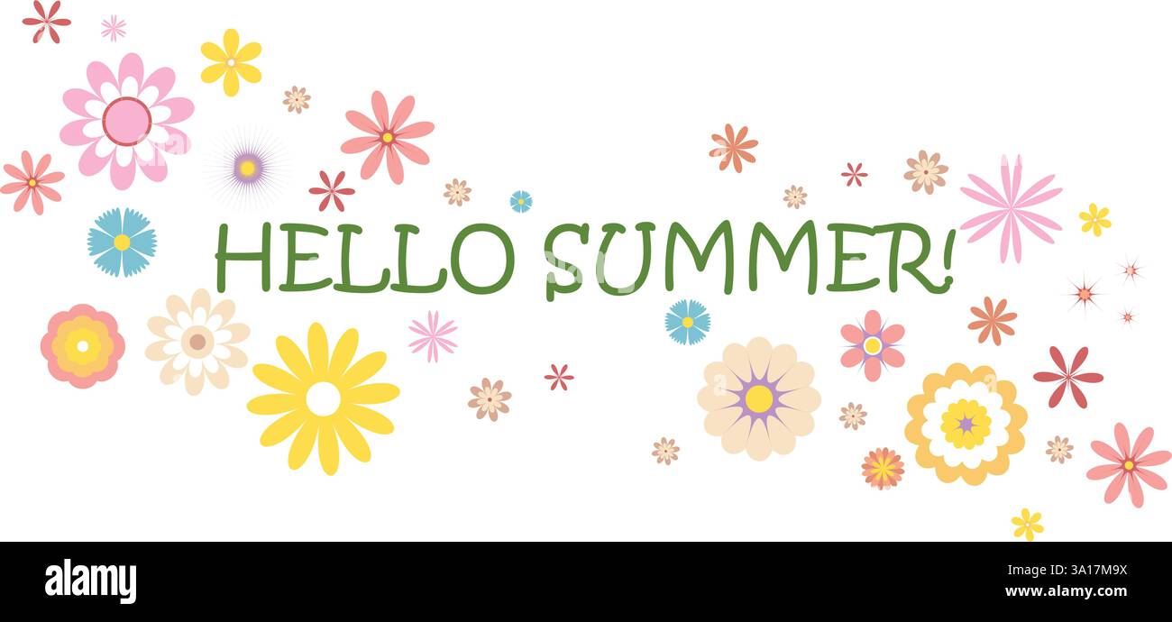 Hello summer horizontal banner with flowers. Wild field flowers poster ...