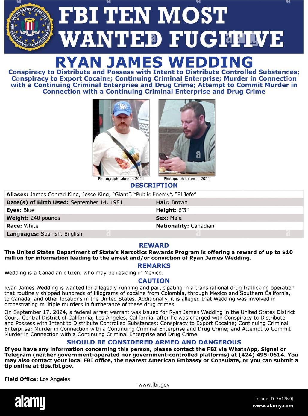 This undated handout made available by the FBI shows a poster with one of the FBI ten most ...