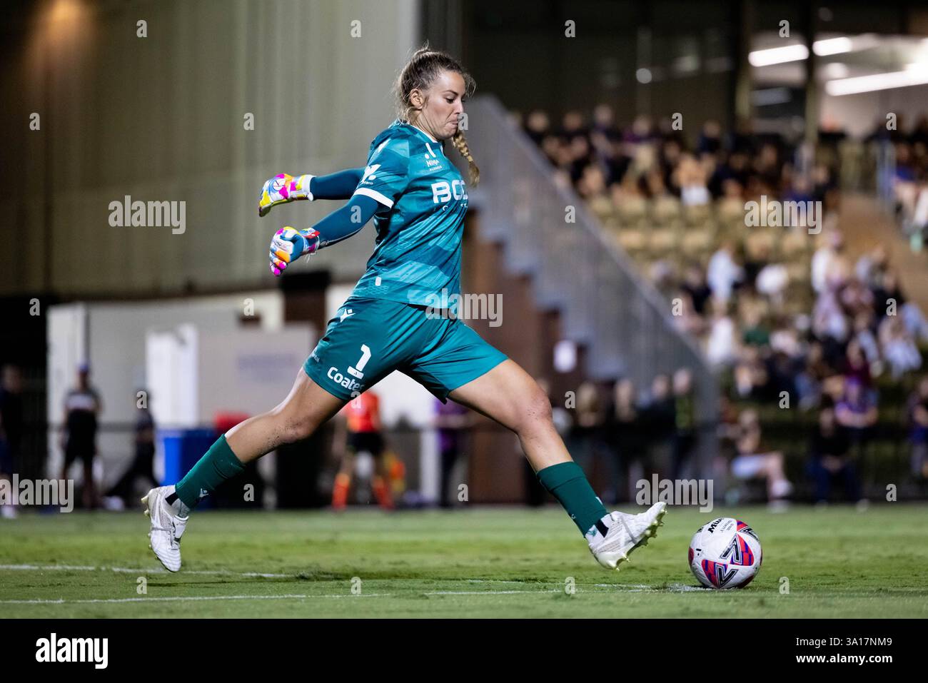 Perth, Australia, March 7th 2025: Casey Dumont (1 Perth Glory) kicks ...