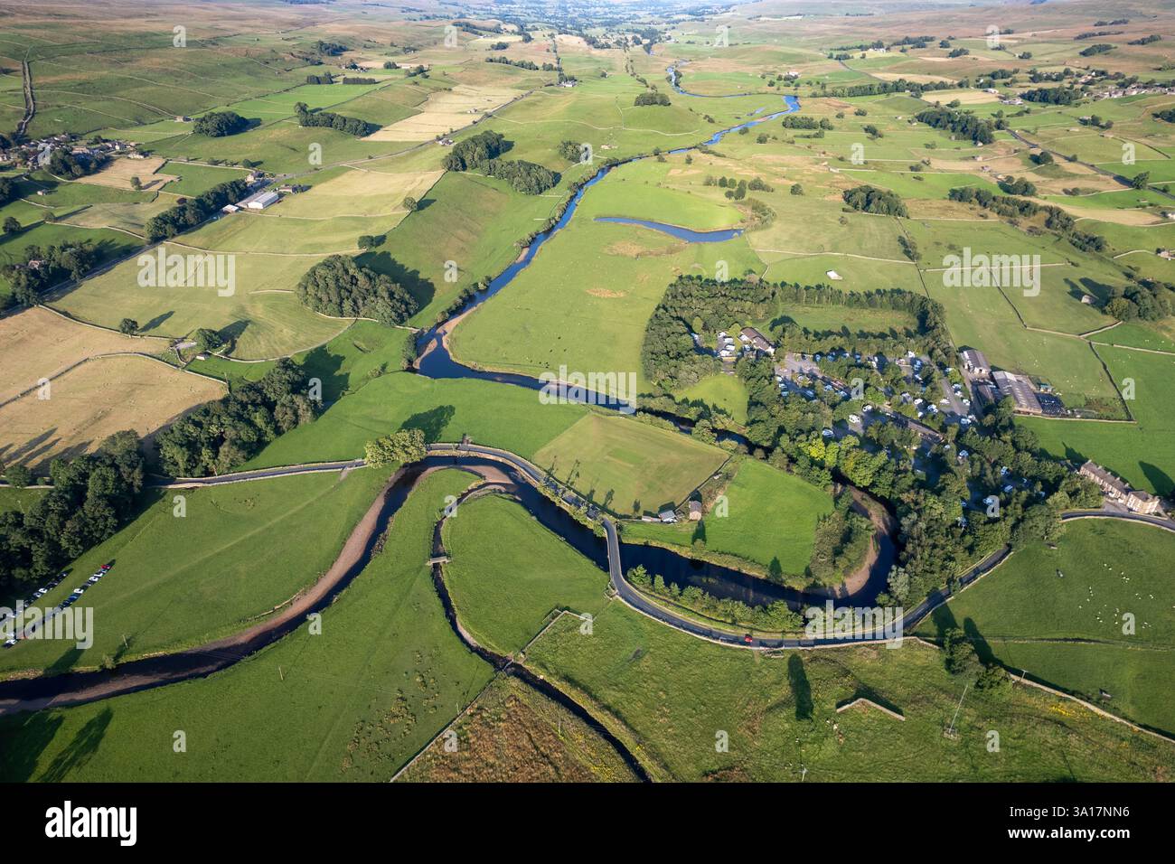 The river Ure meandering through the flood plain in Wensleydale near ...