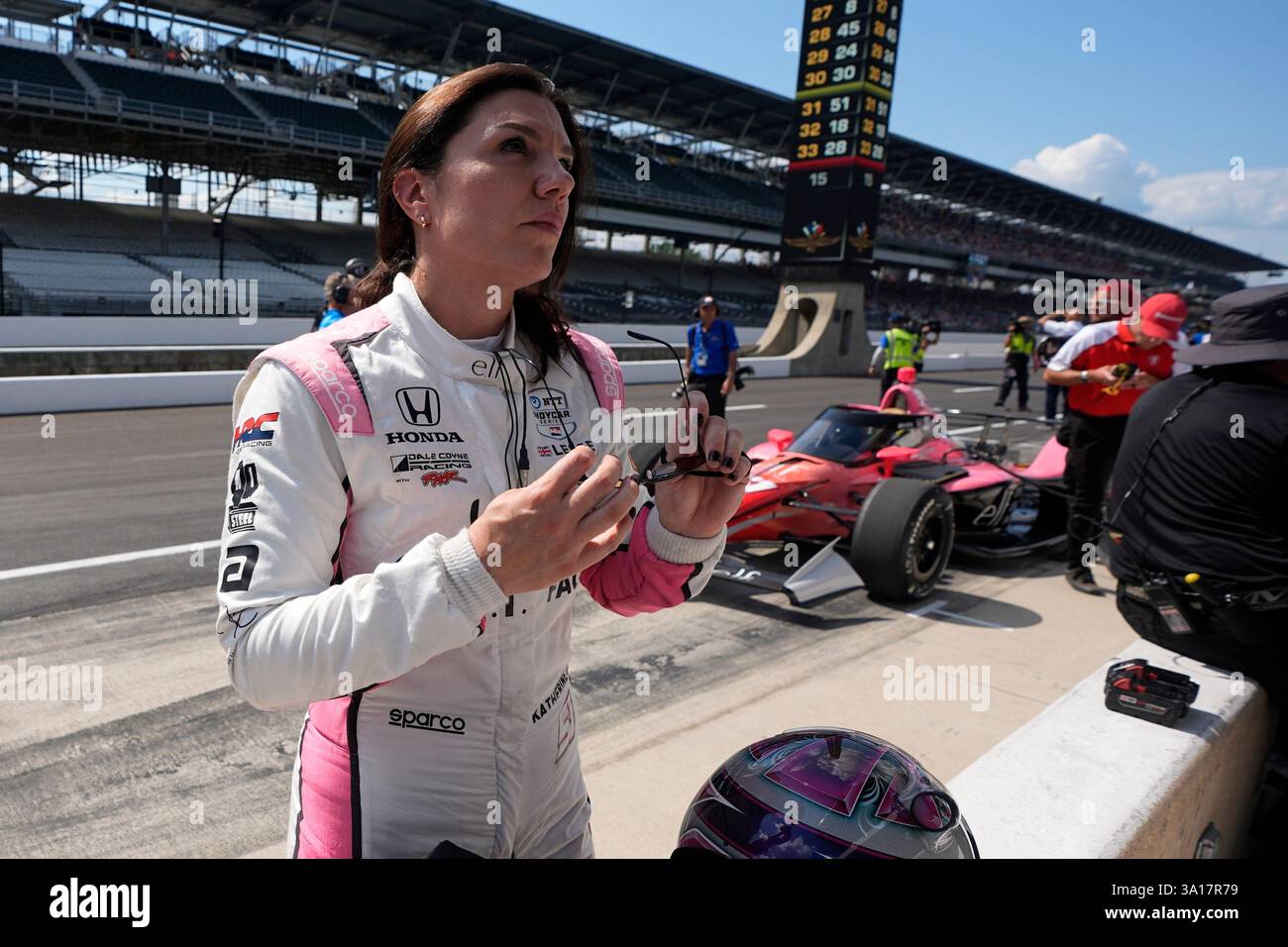FILE - Katherine Legge, of England, looks at her time during ...