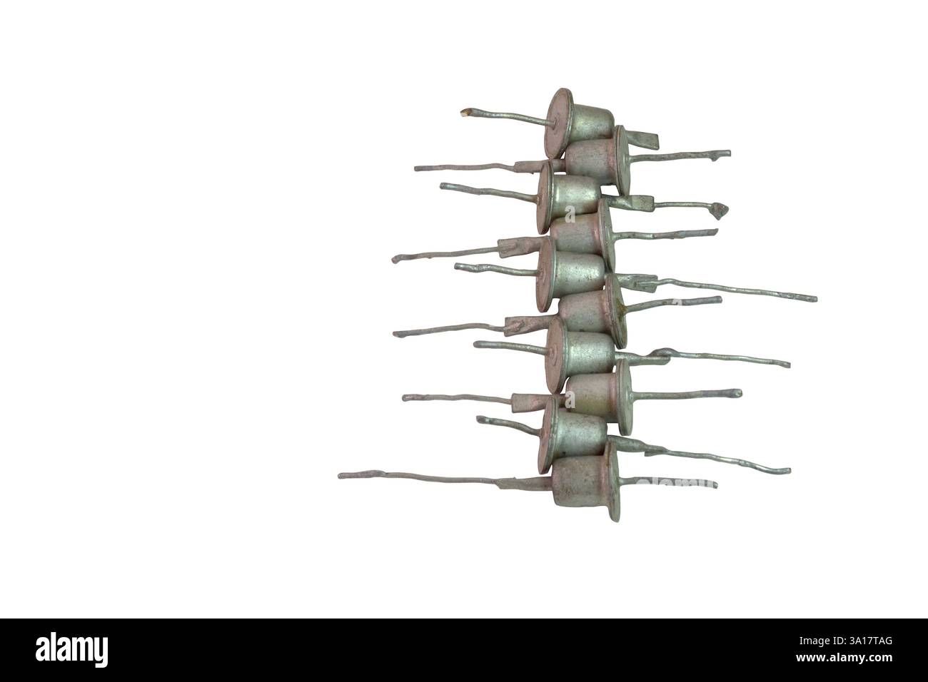 row of medium power rectifier diodes. Vintage electronic components, isolated on white ...