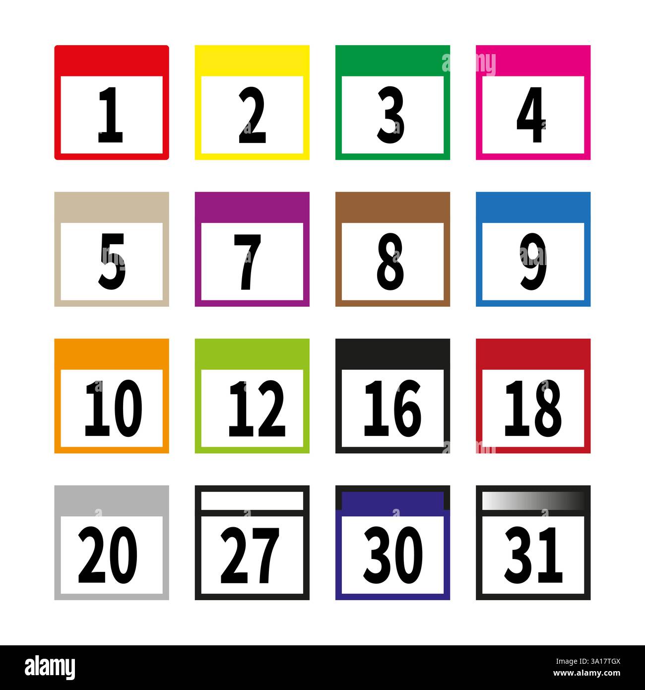 Numbered squares set. Colorful calendar icons. Date symbols vector ...