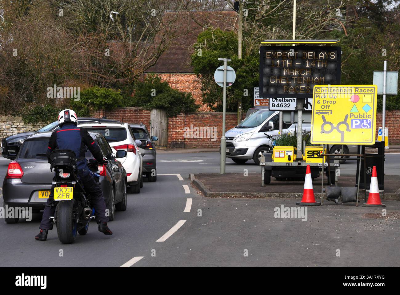 Parking and event signage on Blacksmith Lane near Cheltenham Racecourse ...