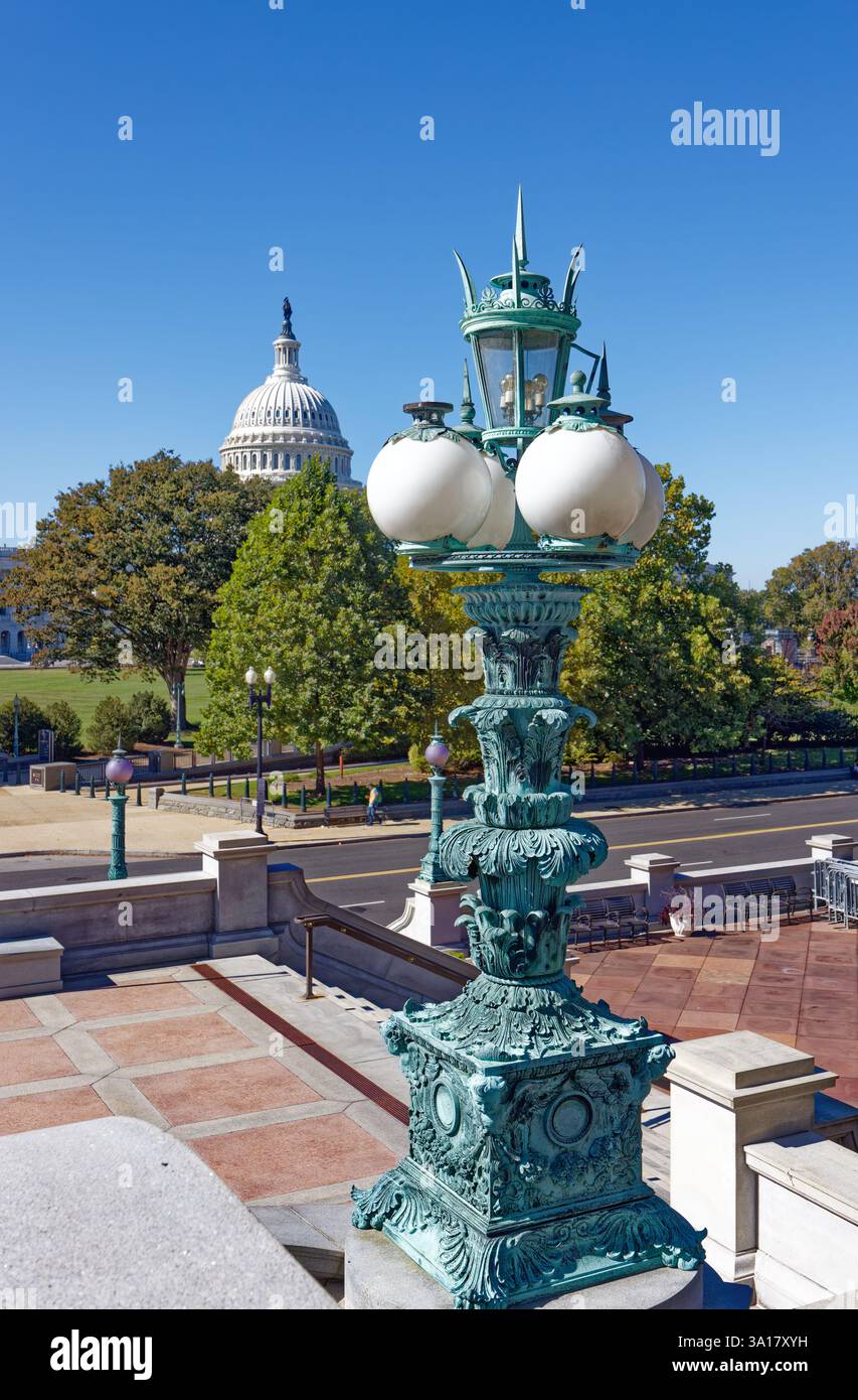 One of the four-globe lamp posts flanking the steps in front of the ...