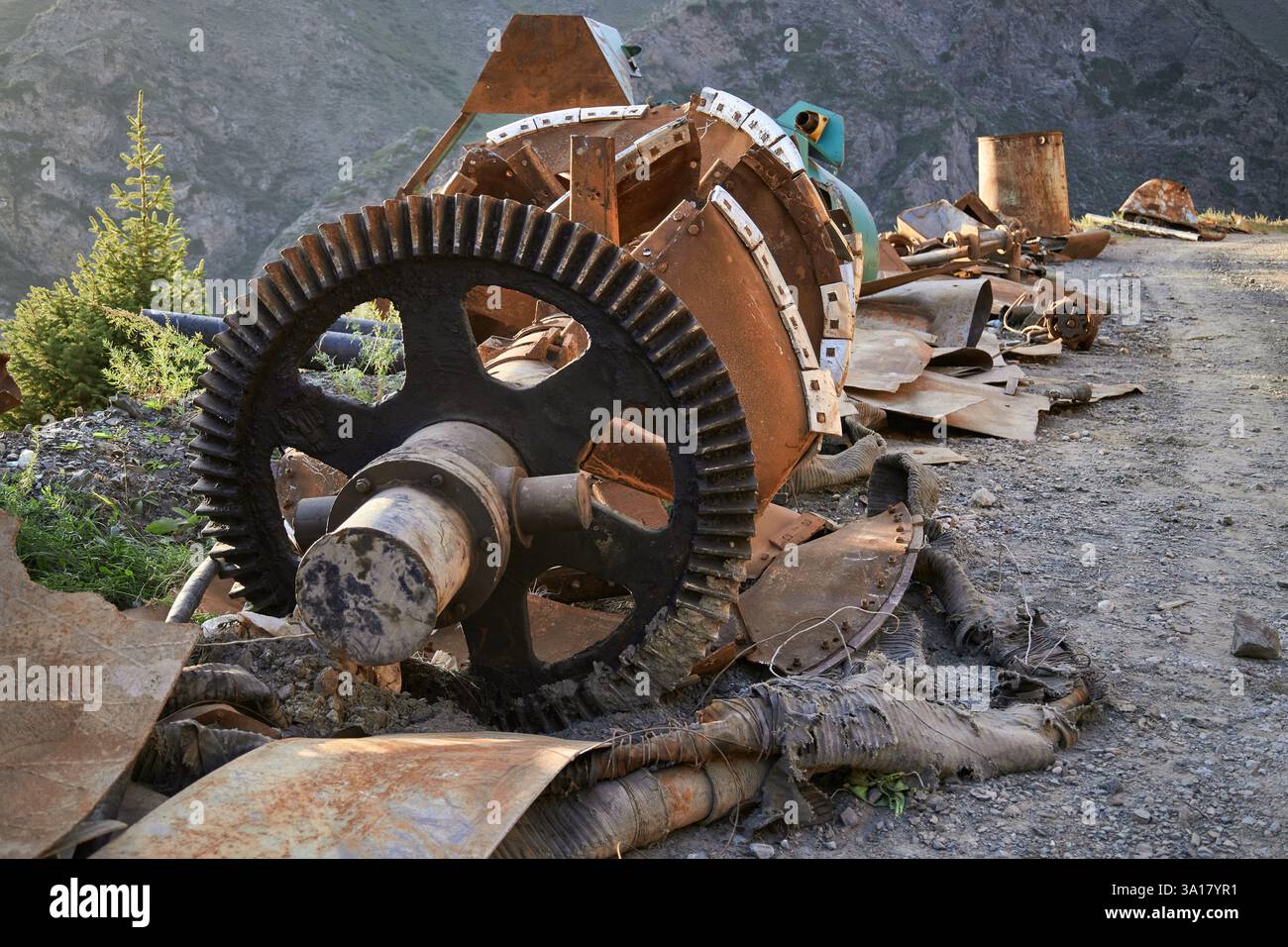 Rusty mechanical debris closeup, scrap metal in an outdoor setting ...