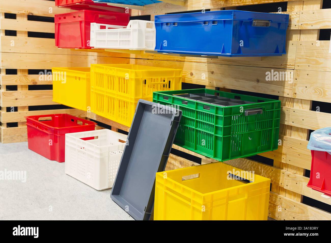 Empty plastic crates for fruits and vegetables. Industry Stock Photo ...
