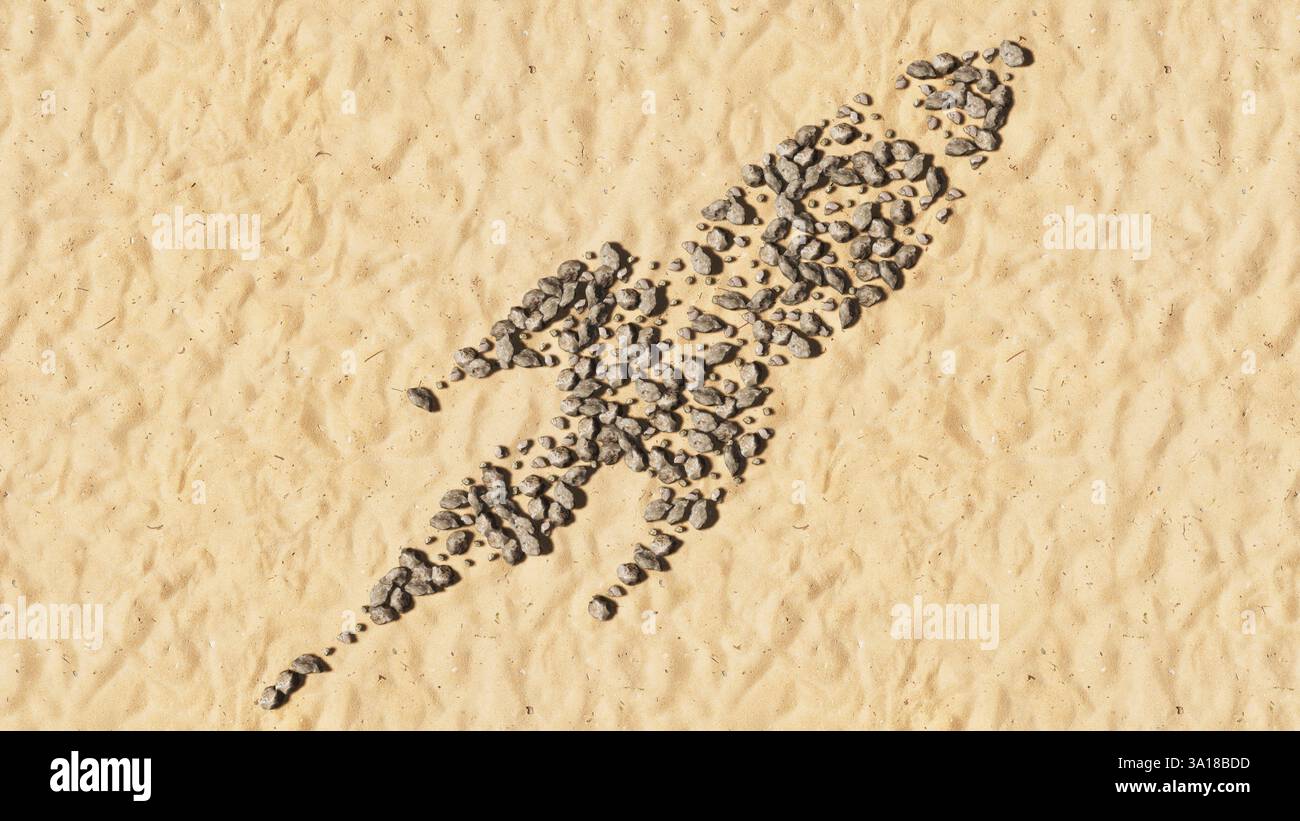 Concept conceptual stones on beach sand handmade symbol shape, golden sandy background, sign of ...