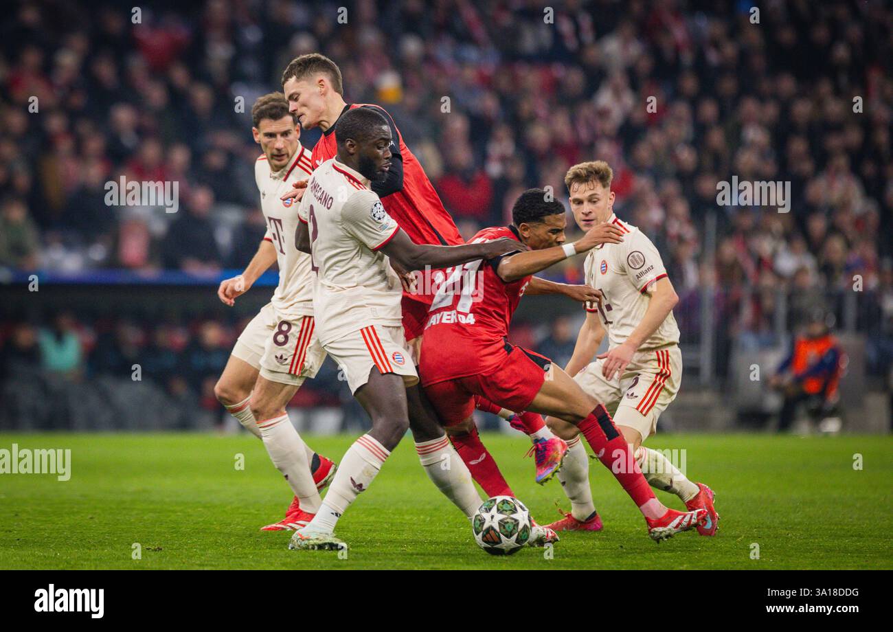 Munich, Germany. 05th Mar 2025. Florian Wirtz (LEV) Leon Goretzka (FCB) Dayot Upamecano (FCB ...