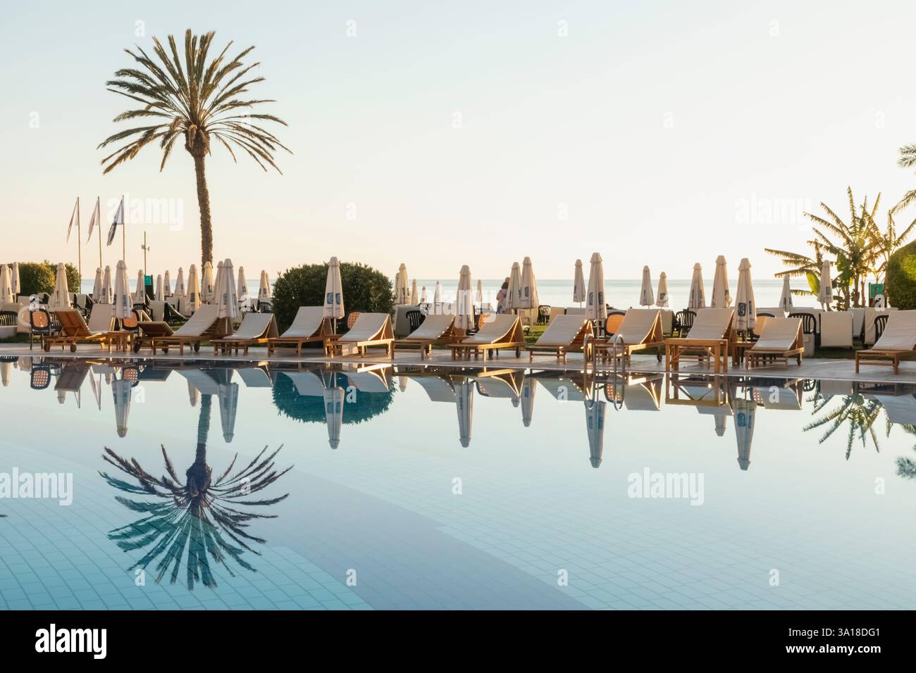 Cyprus, Paphos, Constaninou Bros Hotel, Swimming Pool and Empty Deck ...