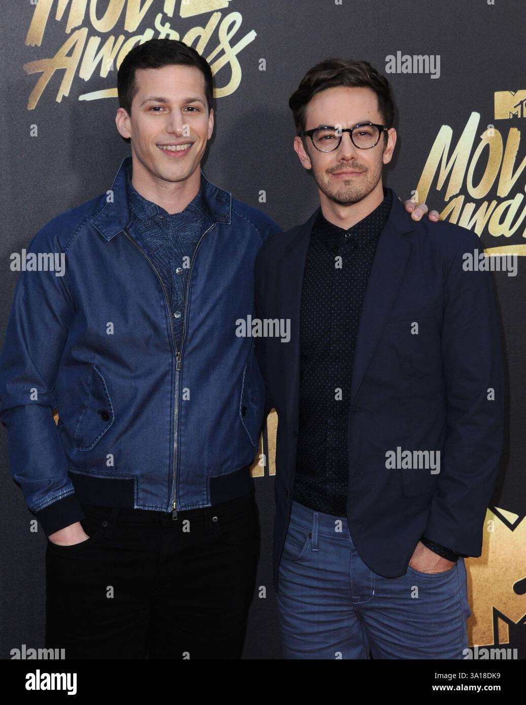 Andy Samberg arriving at the 2016 MTV Movie Awards at the Warner Bros ...
