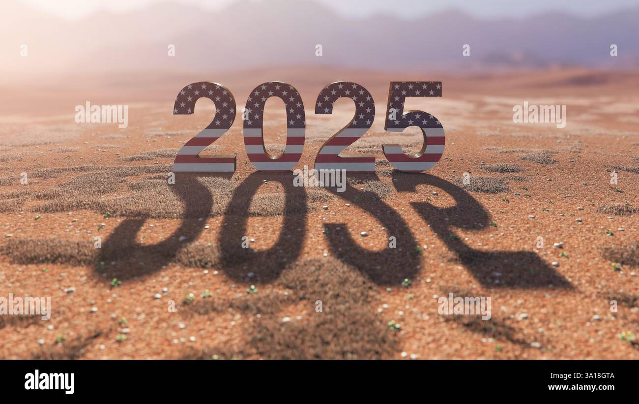 Illustration of the year digits 2025 with usa flag texture and a ...