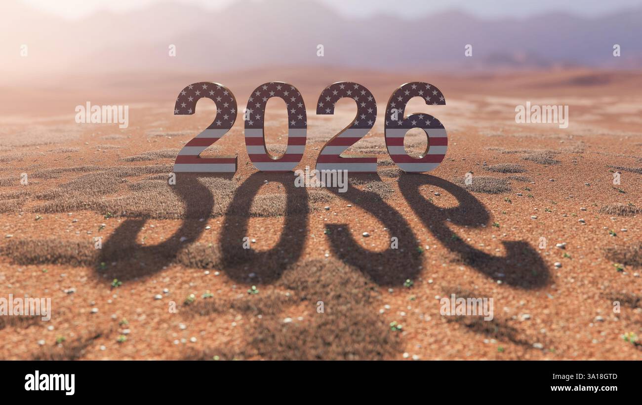 Illustration of the year digits 2026 with usa flag texture and a ...