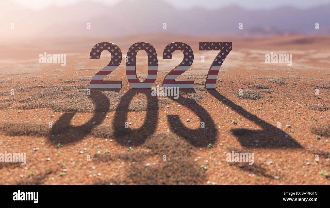 Illustration of the year digits 2027 with usa flag texture and a ...