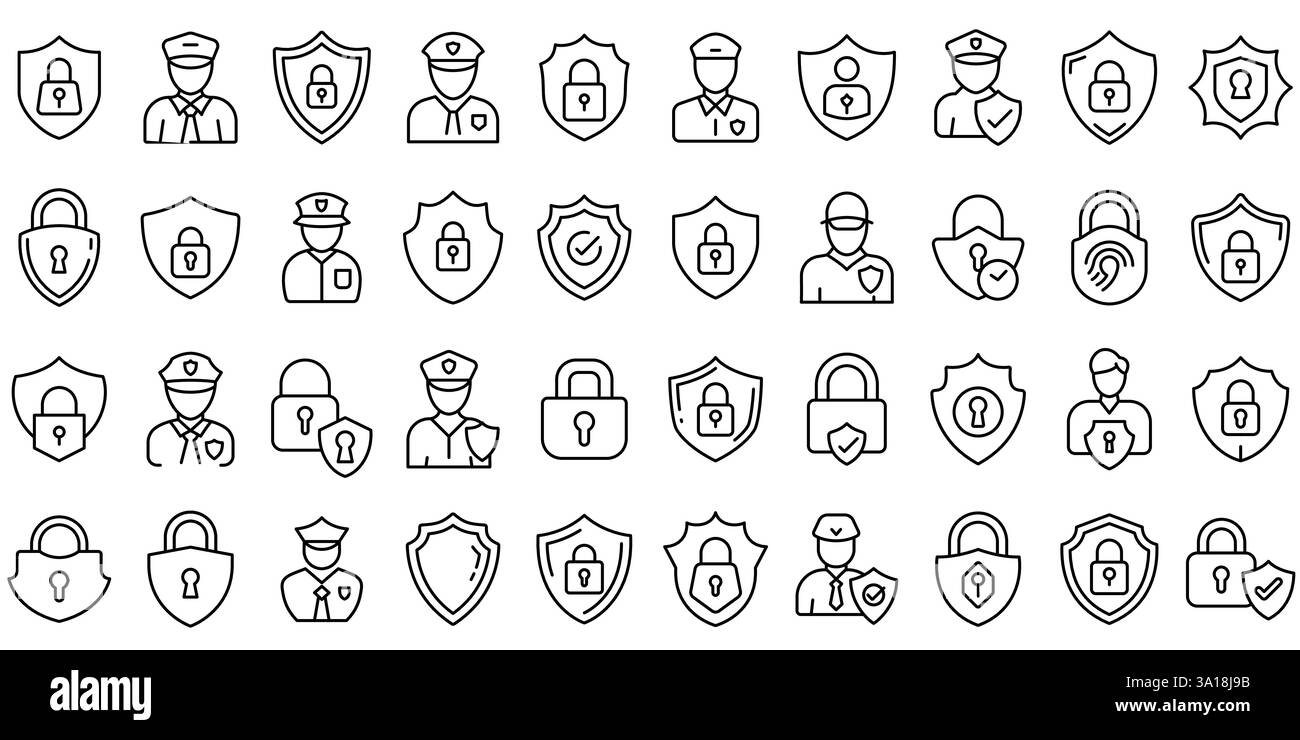 Editable stroke icons of security guards, padlocks and shields ...