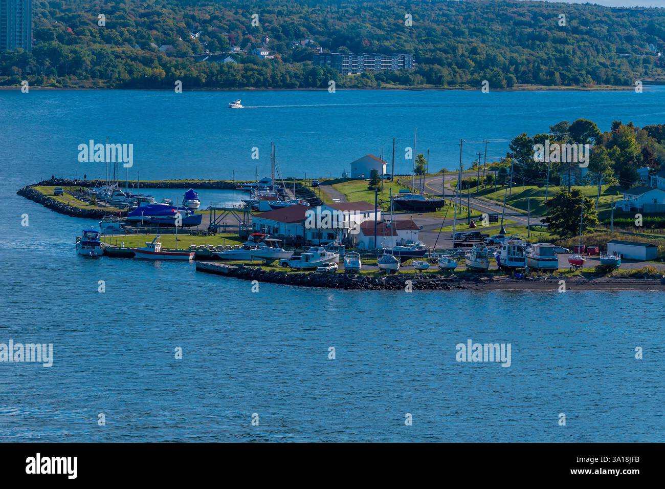An aerial view over a marina at Sydney, Nova Scotia, Canada in the fall ...