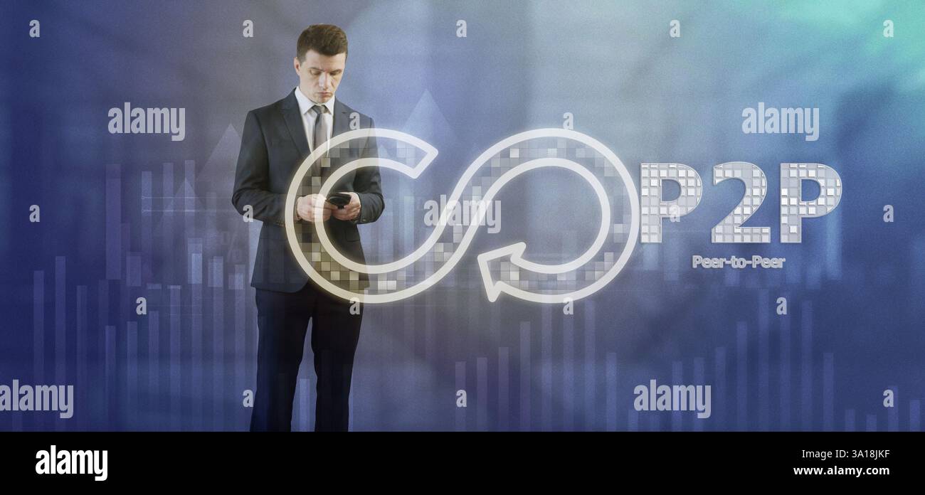 P2P. Light charts background Vol.1 A man in a business suit stands tall ...