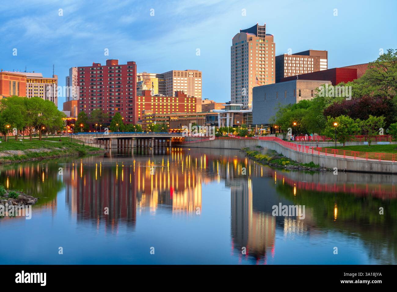 Rochester, Minnesota, USA cityscape on the Zumbro River at blue hour ...