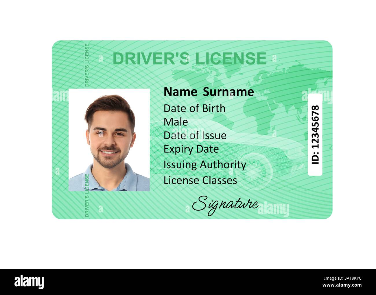 Driver's license with photo of man and world map illustration isolated ...