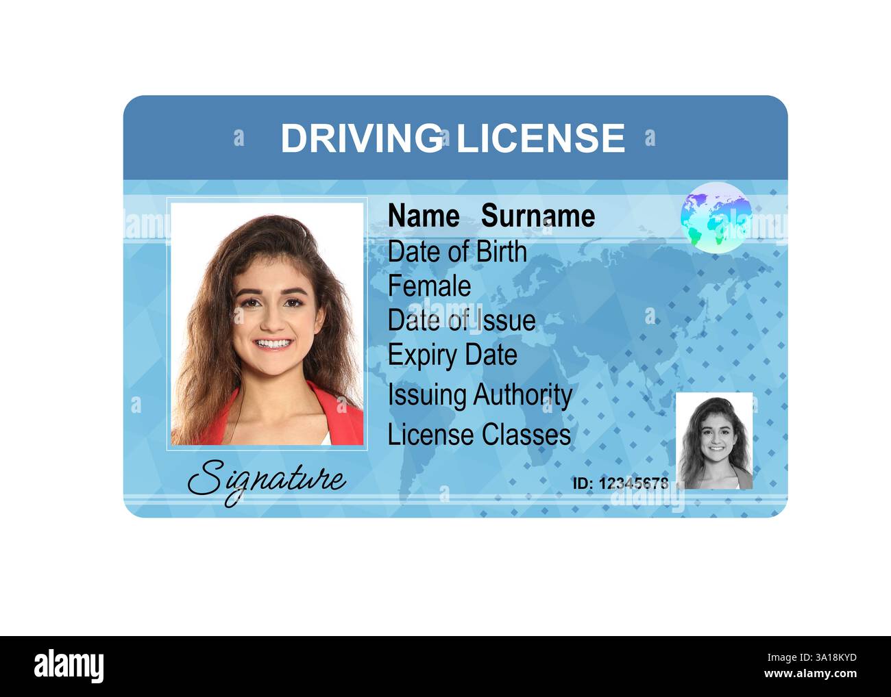 Driver's license with photo of woman and world map illustration ...