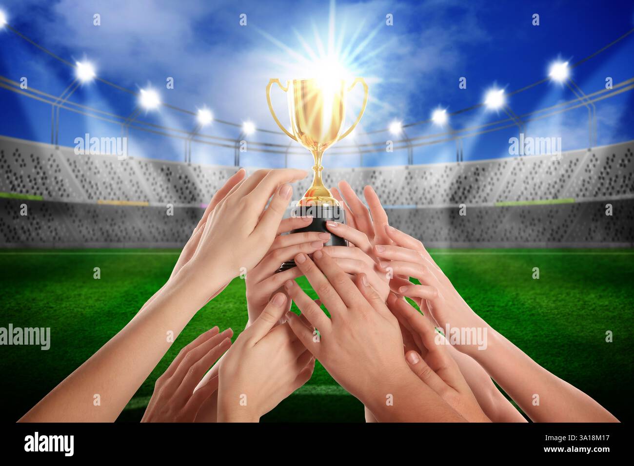 Winner holding golden trophy and people reaching for it at stadium ...