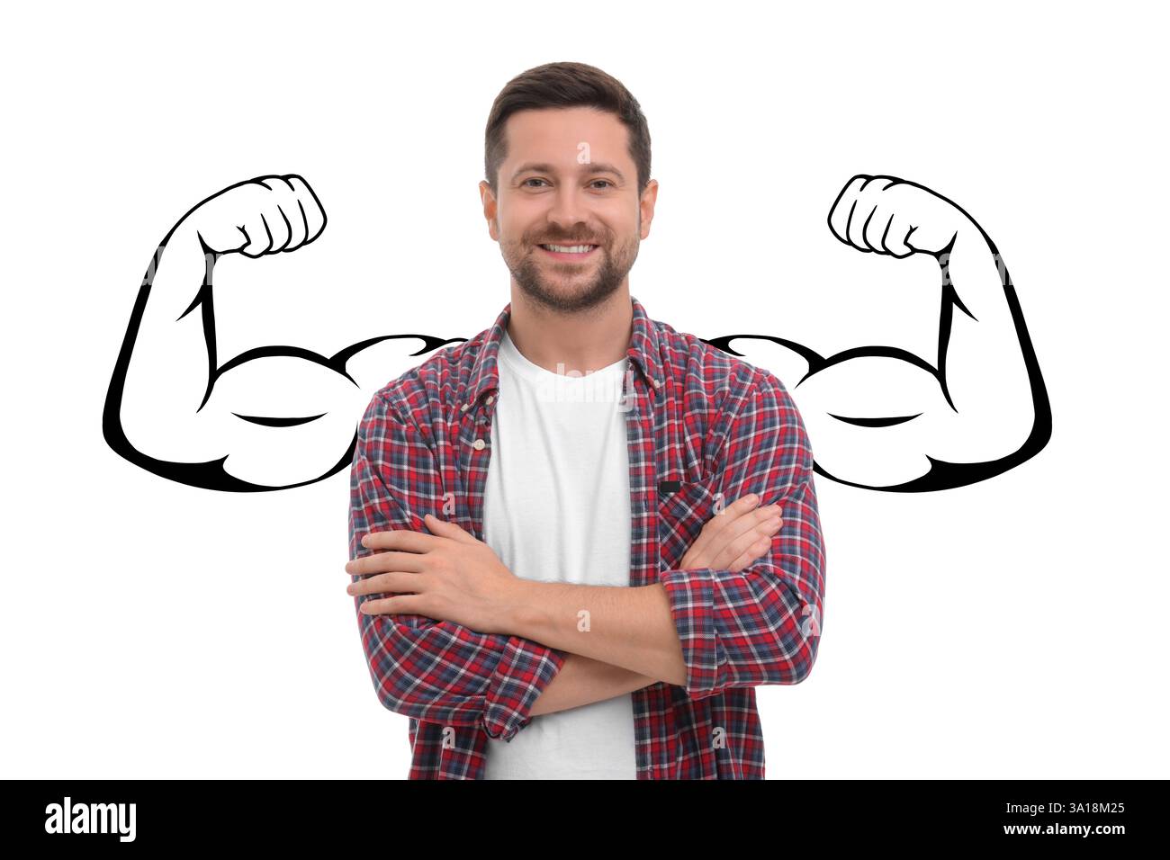 Confident man with drawing of strong arms behind him on white ...